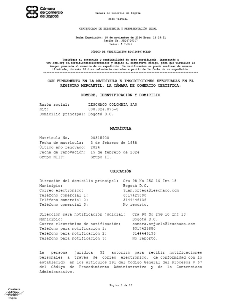 Camara de Comercio Leschaco Colombia | PDF | Patentar | Sociedad de responsabilidad limitada