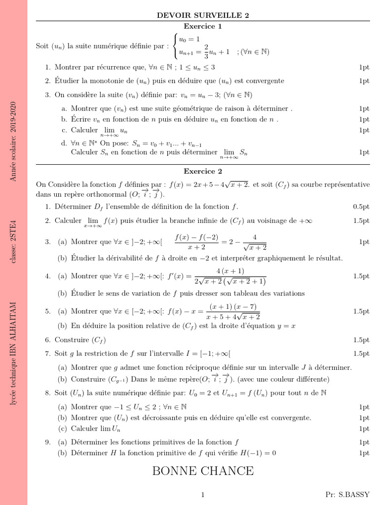 DS2 Deuxieme Bac 2020 | PDF | Mathématiques | Analyse mathématique