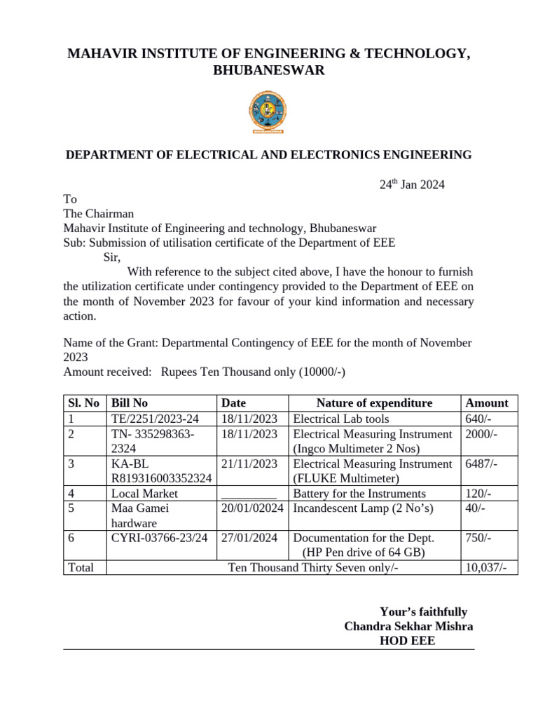 Utilization Certificate For The Month Of December Pdf