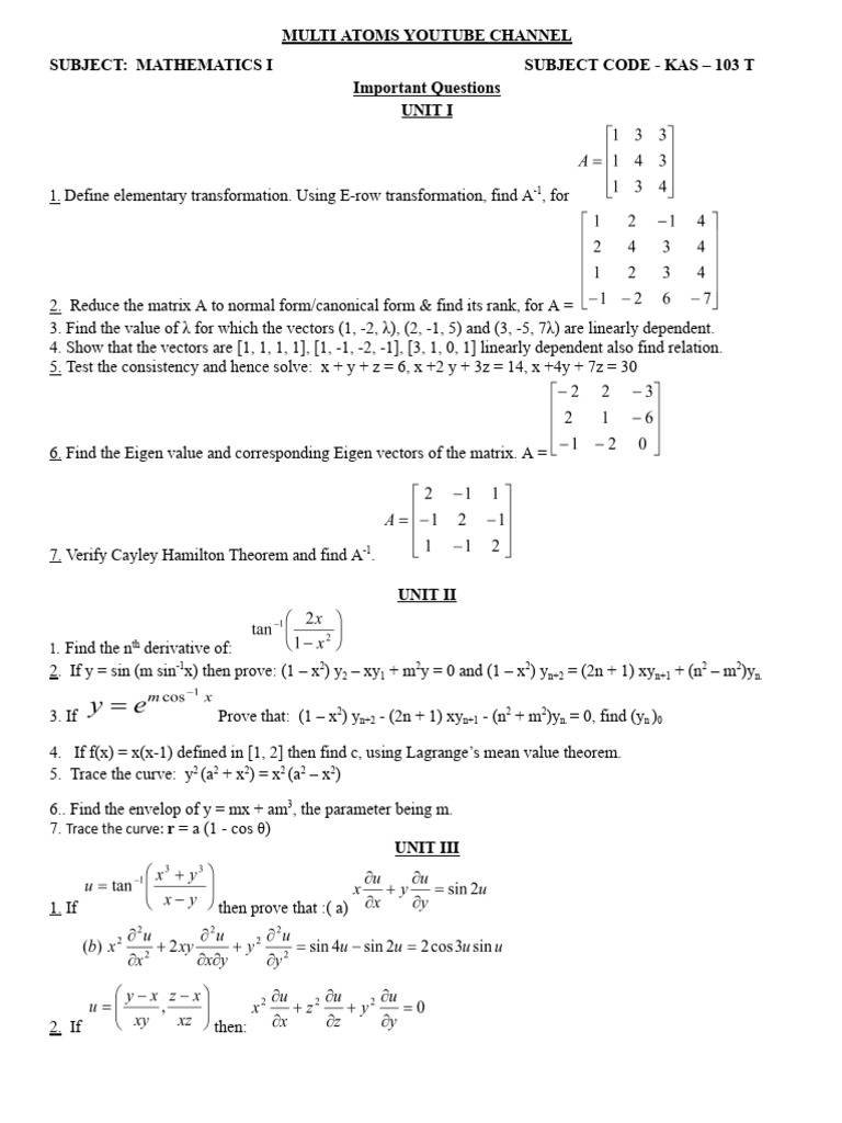 Question Bank (IMP) - Maths I (2021) | PDF | Eigenvalues And Eigenvectors | Matrix (Mathematics)