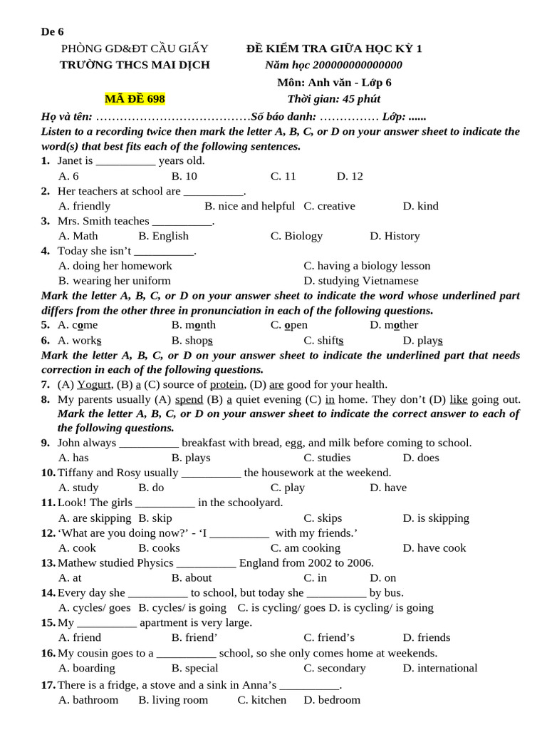 -ĐỀ ÔN GKI -6 -N0 5,6,7,8 | PDF | Noun | Verb