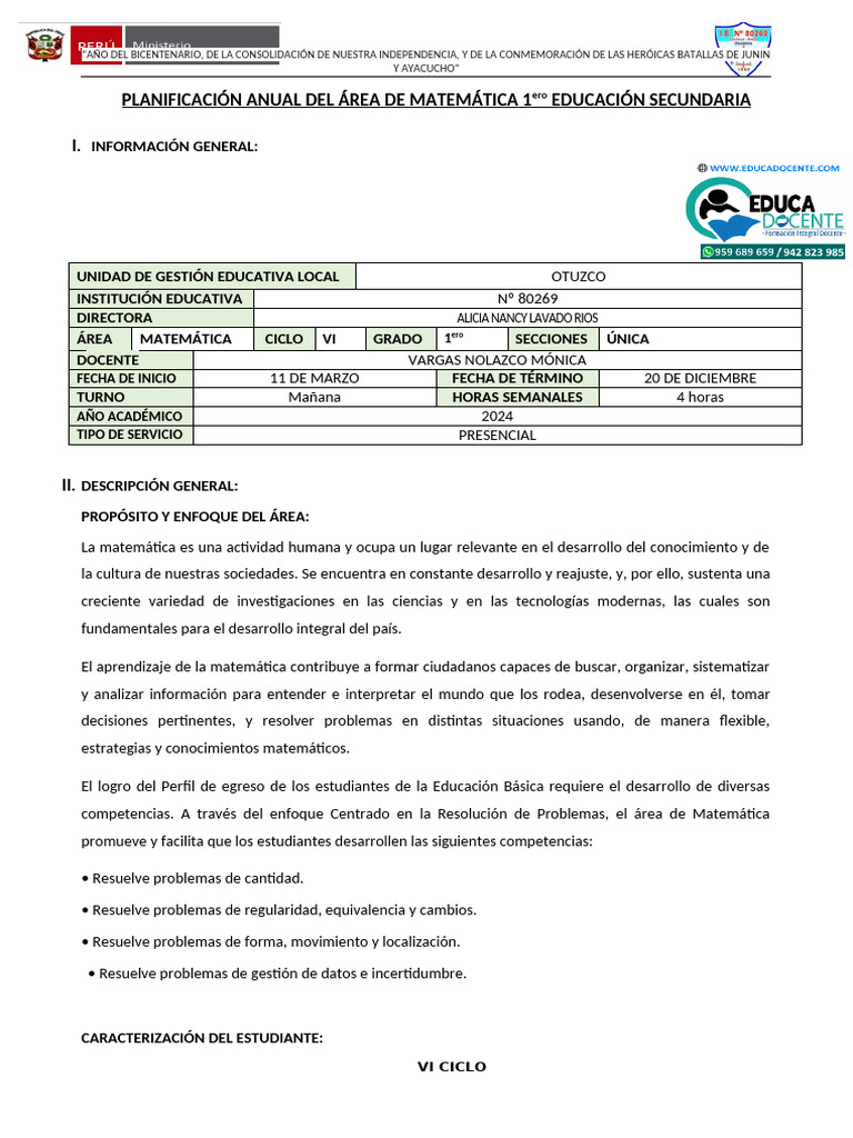 Planificacion Anual de Matematica-1° | PDF | Ecuaciones | Linealidad