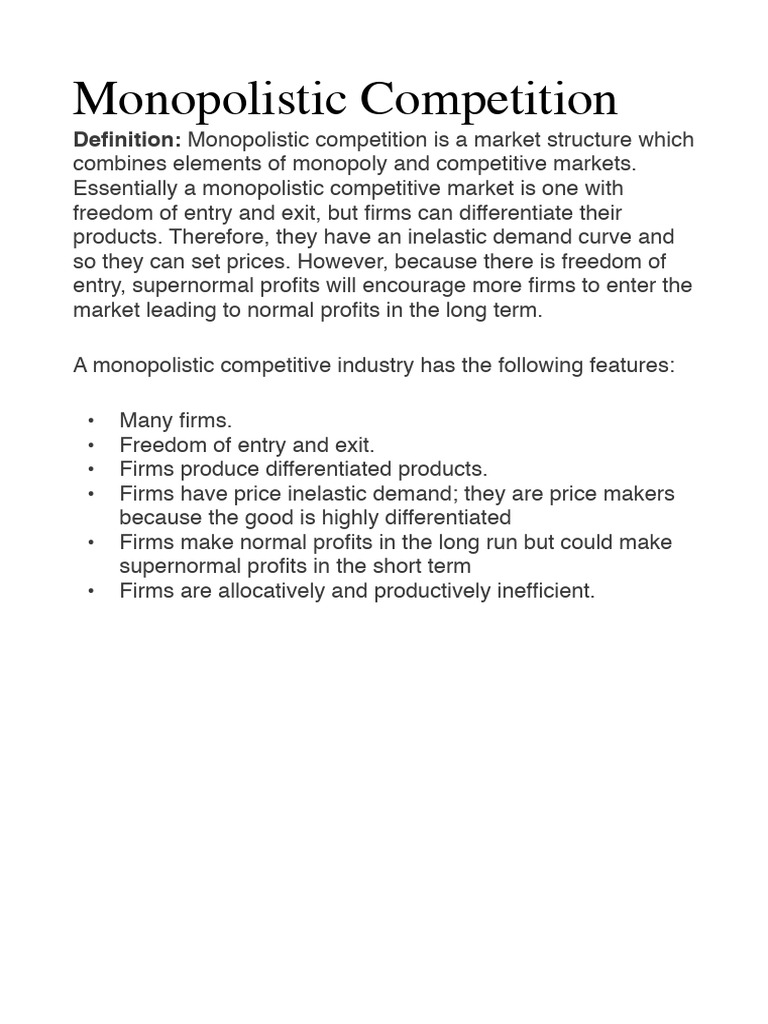 Notes On Monopolistic Competition | PDF | Oligopoly | Profit (Economics)