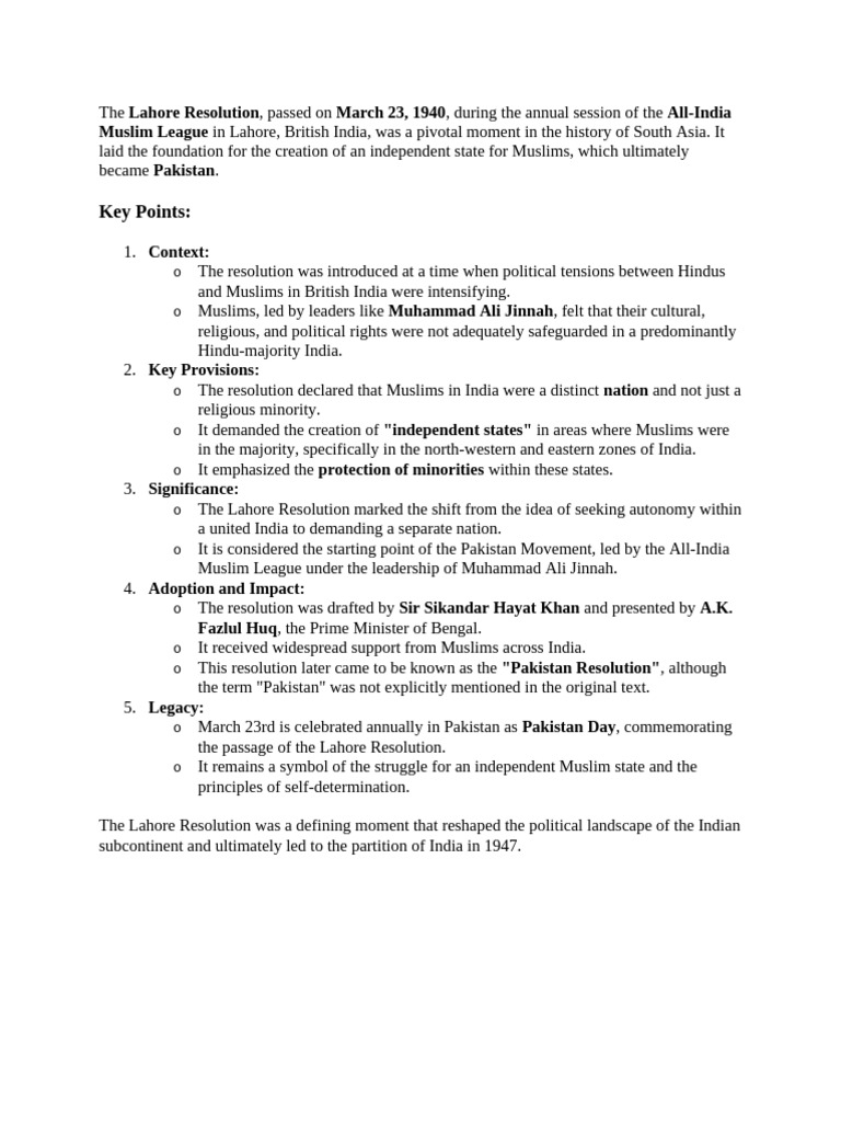 LAHORE RESOLUTION | PDF