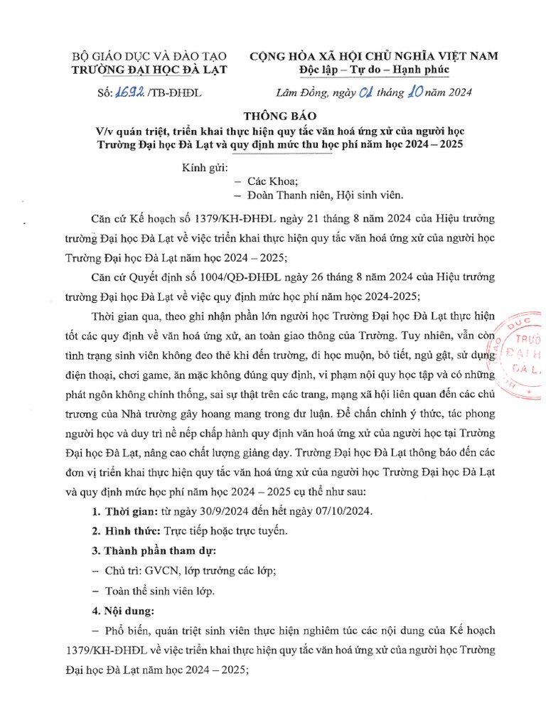 1692 - TBDHDL - Quan Triet Trien Khai Thuc Hien Quy Tac Van Hoa Ung Xu - Quy Dinh Muc Thu Hoc ...