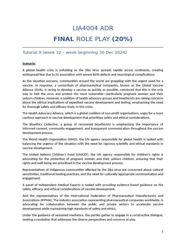 ADR Tutorial 9 - Final Role Play (2024 - 2025) | PDF | Bioethics | World Health Organization