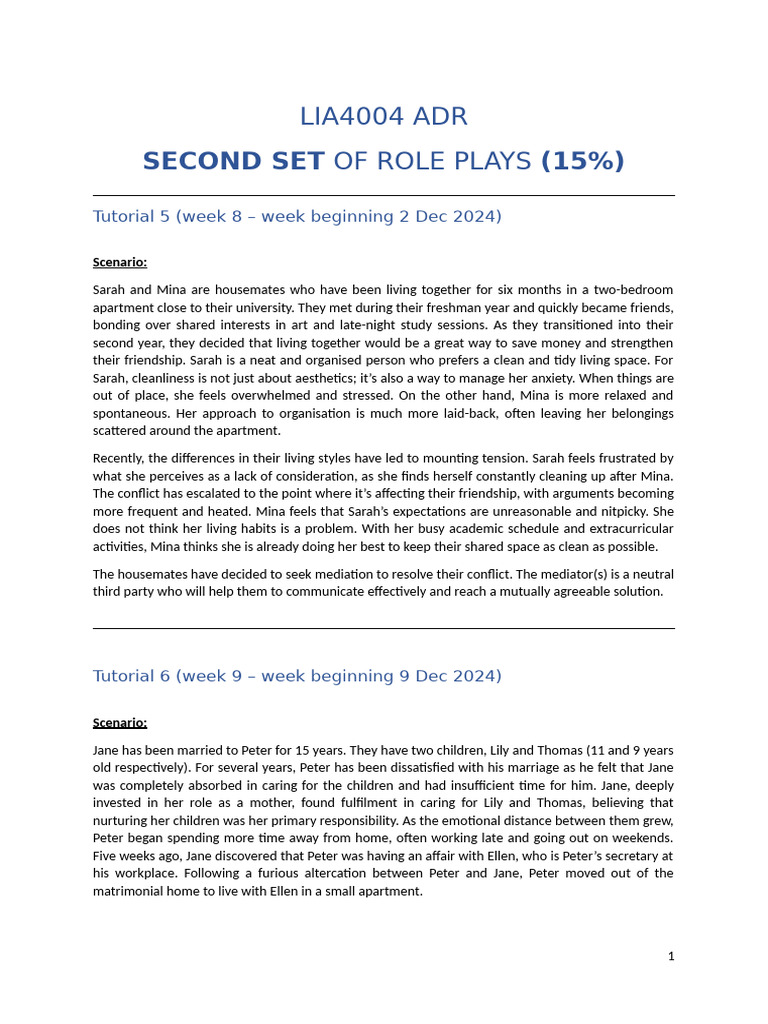 ADR Tutorial 5 6 - 2nd Set of Role Plays (2024 - 2025) | PDF | Psychological Concepts ...