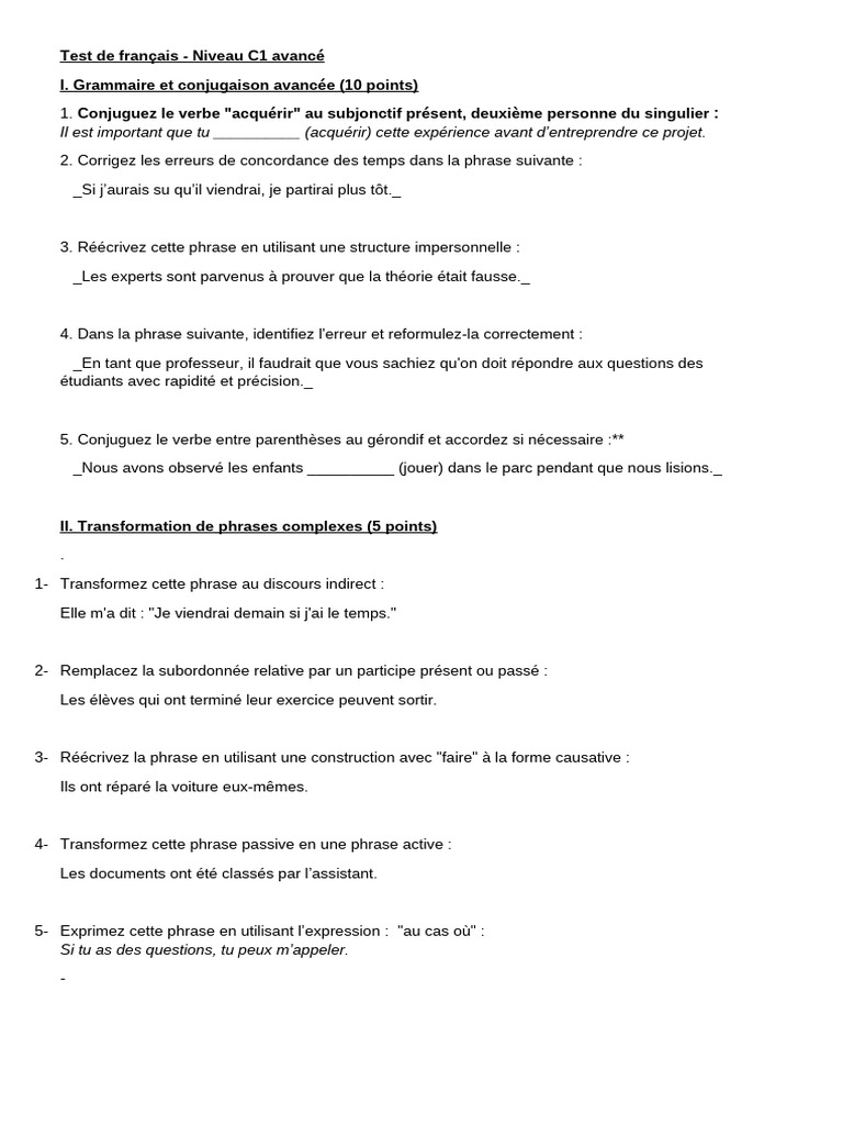 Test de français C1 avancé gratuit | PDF | Phrase | Verbe