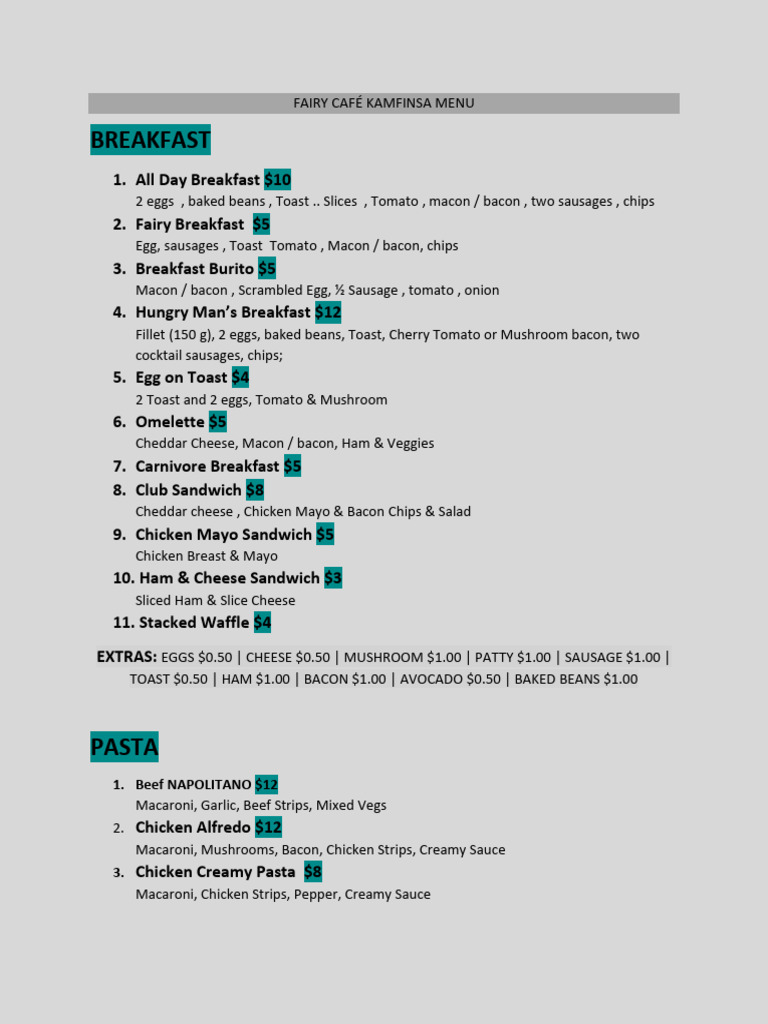 Fairy Cafe Kamfinsa Menu | PDF | Hamburgers | Steak