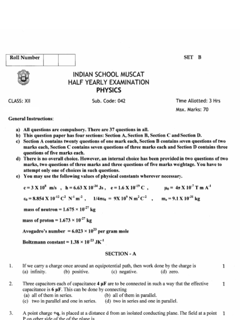Class 12 Physics Mid Term Paper Set B 2024-25 | PDF