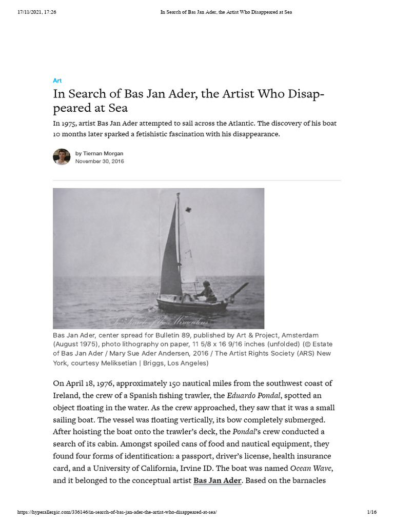 Bas Jan Ader, The Artist Who Disappeared at Sea | PDF
