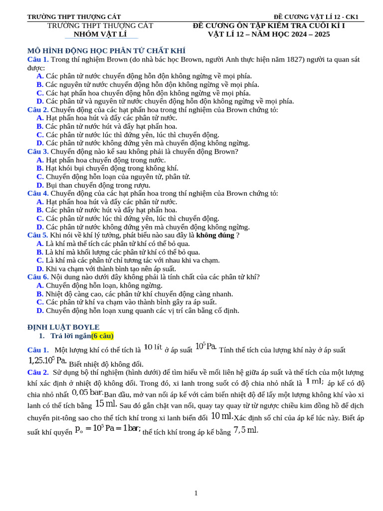 Học sinh- Đề cương 12- CKI (24-25) | PDF