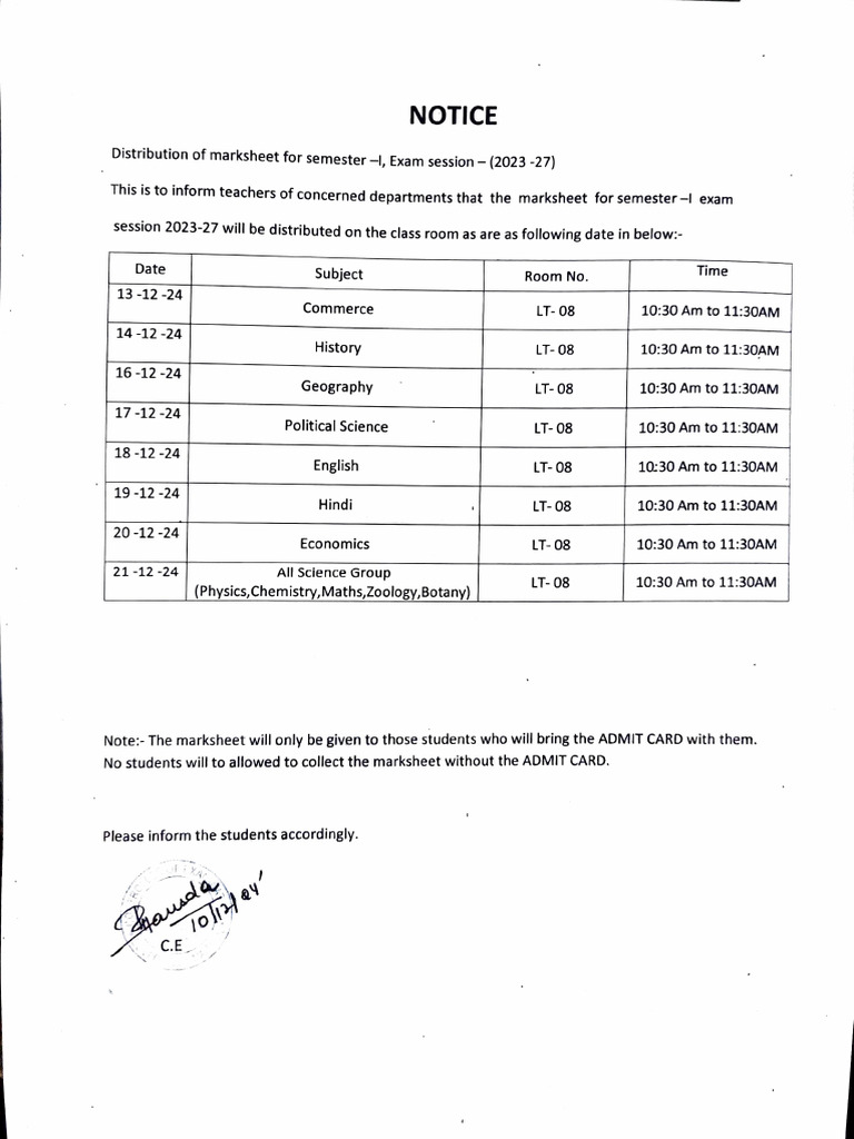 Semester I Marksheet Distribution Notice | PDF