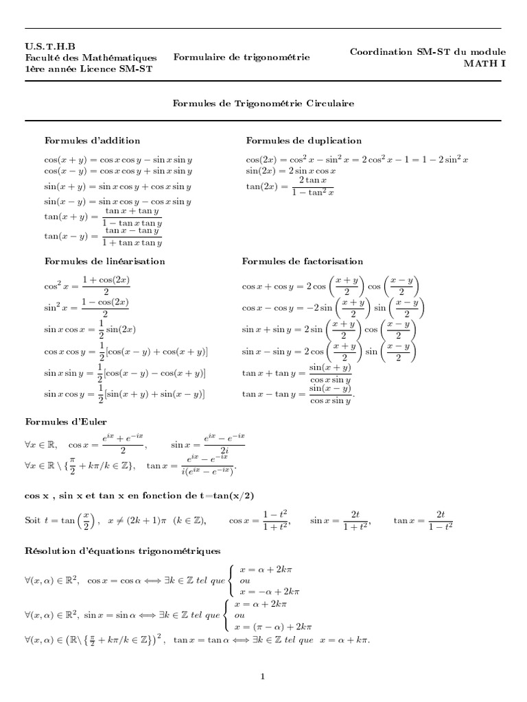Formulaire de Trigonométrie Complet | PDF | Analyse mathématique ...