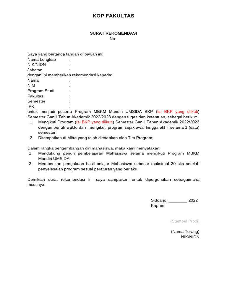 Surat Rekomendasi Program Studi | PDF