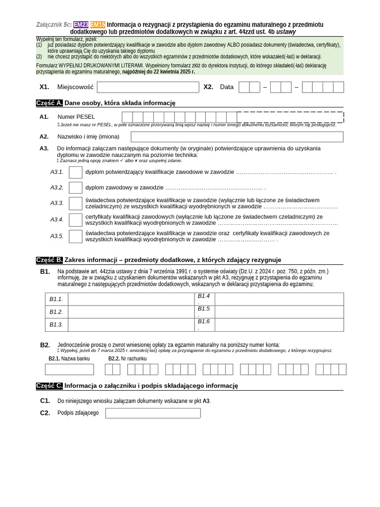 EM 2025 Zal - 5c WNIOSEK ZDAJ七EGO Uzyskanie dyplomu zawodowego | PDF