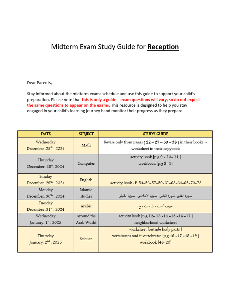 Midterm Exam Study Guide For Reception | PDF