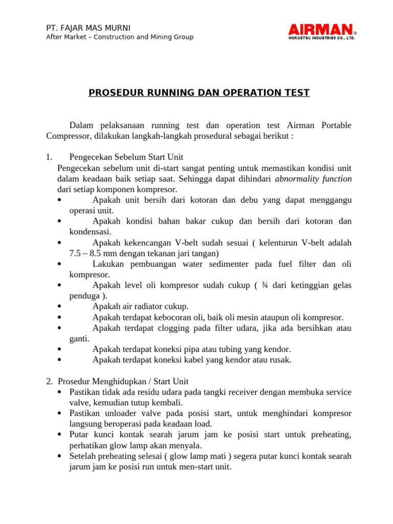 Prosedur Running Dan Operation Test | PDF