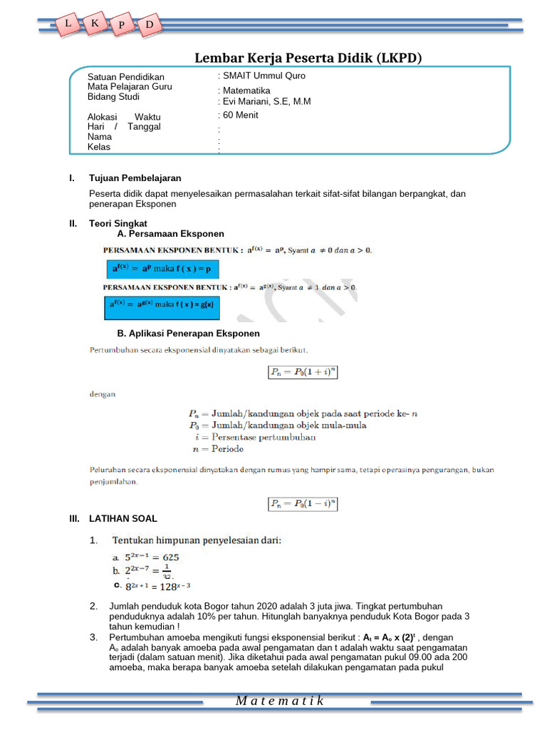 LKPD Eksponen (Pertemuan 2) | PDF