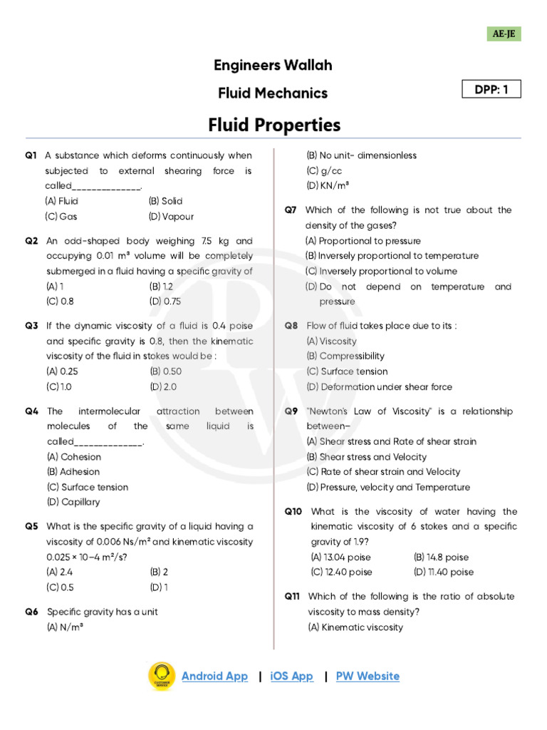 Fluid Properties - DPP 01 (English) | PDF | Viscosity | Shear Stress