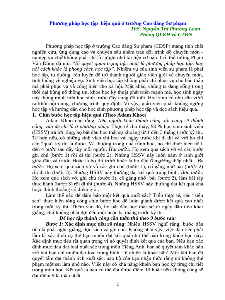 Phuong Phap Hoc Tap Hieu Qua o Truong Cao Dang Su Pham Nguyen Thi Phuong Loan | PDF
