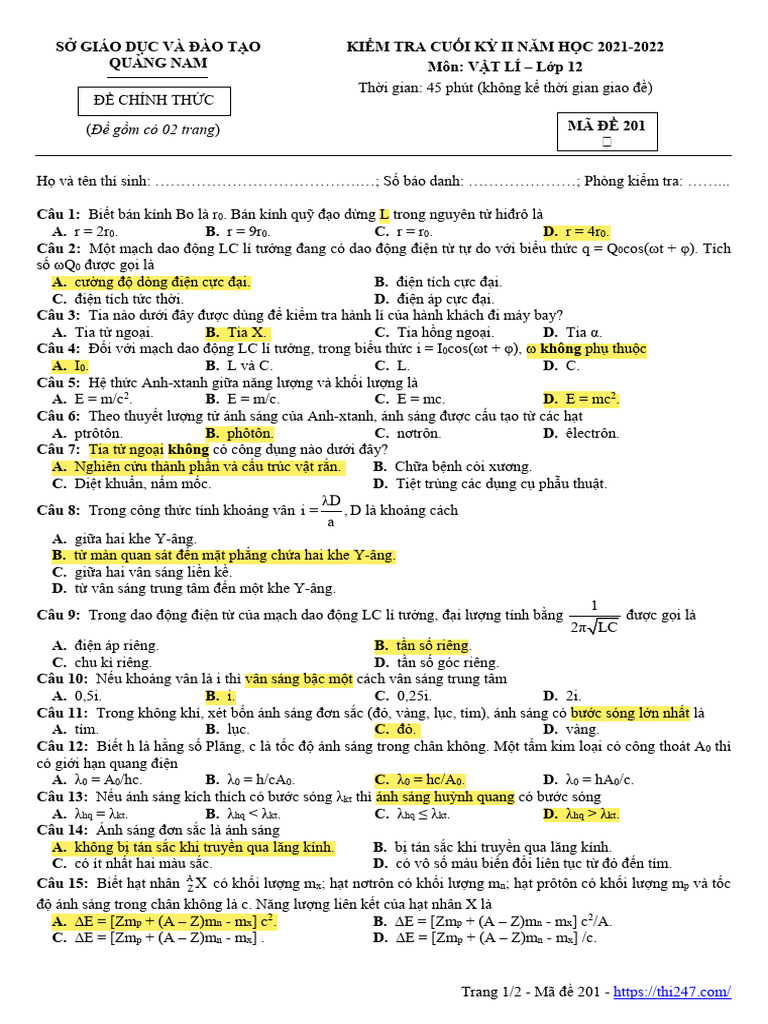 De Kiem Tra Cuoi Ky 2 Vat Li 12 Nam Hoc 2021 2022 So GDDT Quang Nam | PDF