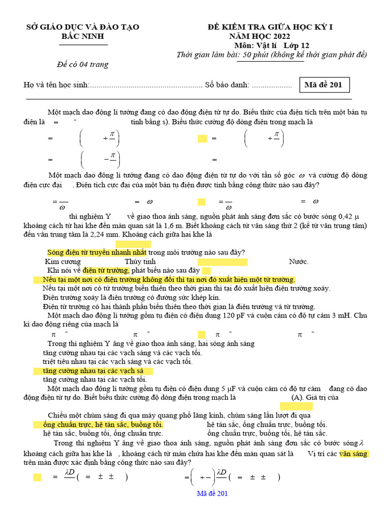 De Kiem Tra Giua Hoc Ky 2 Vat Li 12 Nam Hoc 2022 2023 So GDDT Bac Ninh | PDF