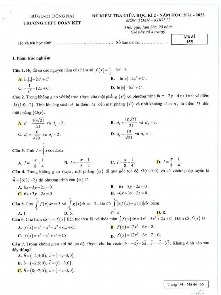 De Kiem Tra Giua Hoc Ky 2 Toan 12 Nam 2021 2022 Truong Thpt Doan Ket Dong Nai | PDF