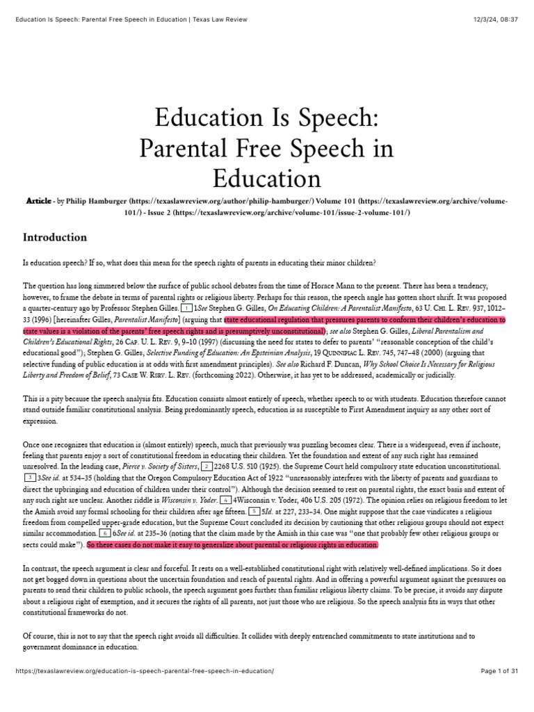Education Is Speech: Parental Free Speech in Education - Texas Law ...