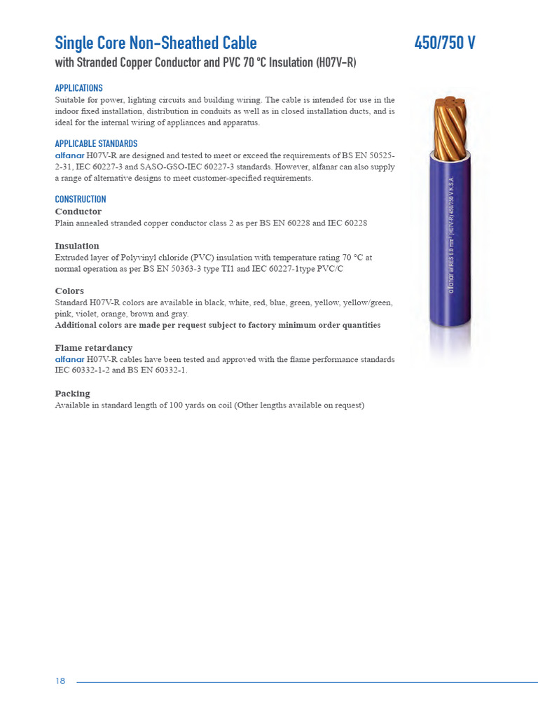 Alfanar H07V-R Cable Specifications | PDF | Electrical Wiring ...