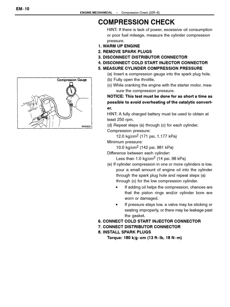 22RE Compression Test Procedure | PDF