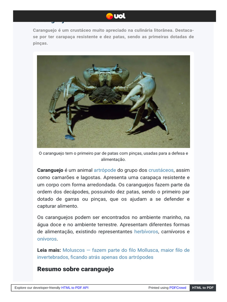 Características e Habitat do Caranguejo | PDF | Caranguejo | Crustáceo