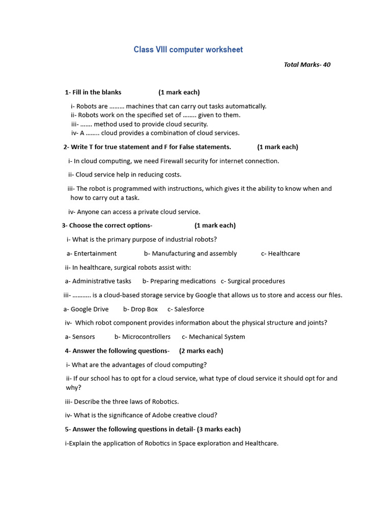 Class VIII Computer Worksheet Pa2 | PDF | Cloud Computing | Robot