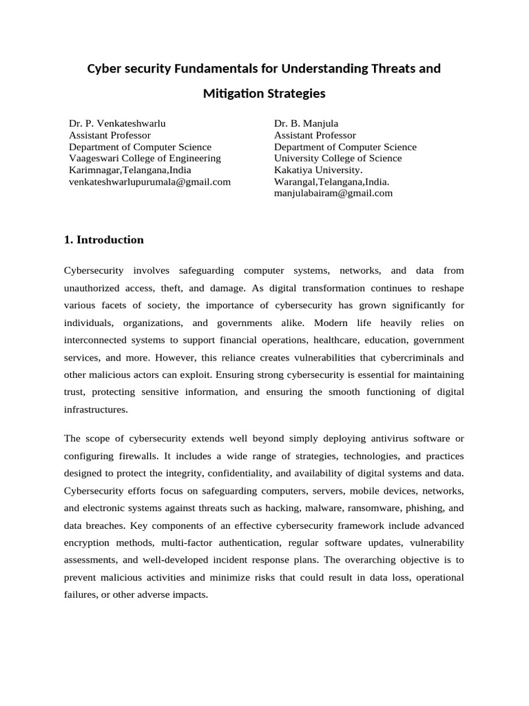 Cyber Security Fundamentals For Understanding Threats And Mitigation Strategies Pdf Security