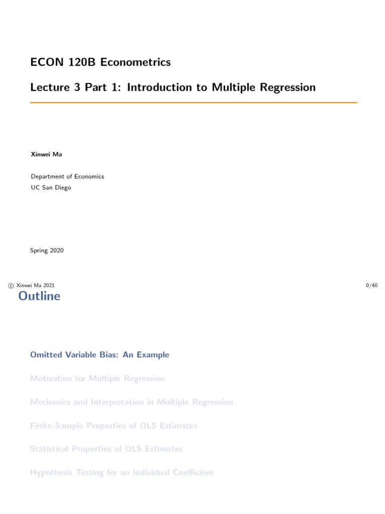 Lecture 3-1 - Introduction To Multiple Regression | PDF | Ordinary Least Squares | Errors And ...