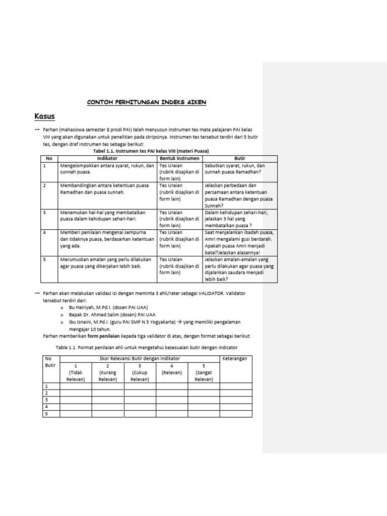 CONTOH PERHITUNGAN Validitas Isi-INDEKS AIKEN - Lengkap | PDF