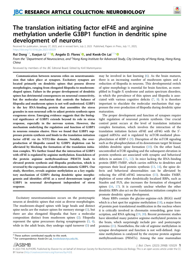 The Translation Initiating Factor EIF4E and Arginine Methylation Underlie G3BP1 Function in ...