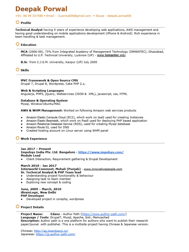 Deepak Porwal - Sr. Technical Analyst | PDF | My Sql | Php