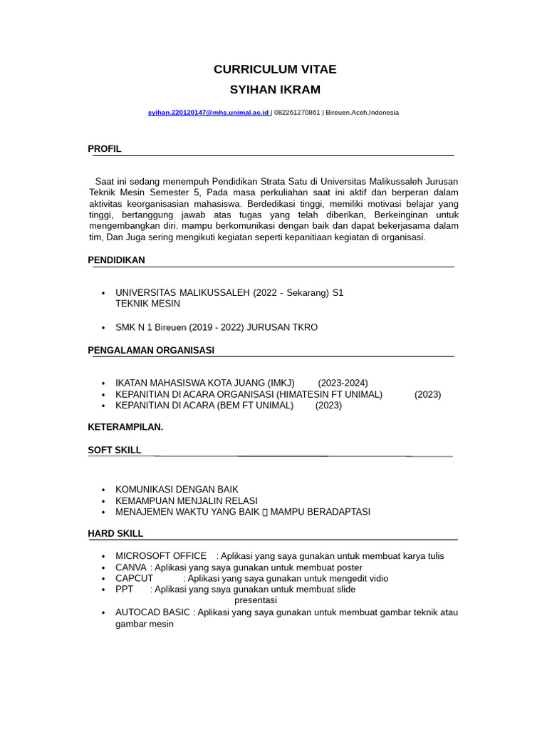CV - Syihan Ikram | PDF