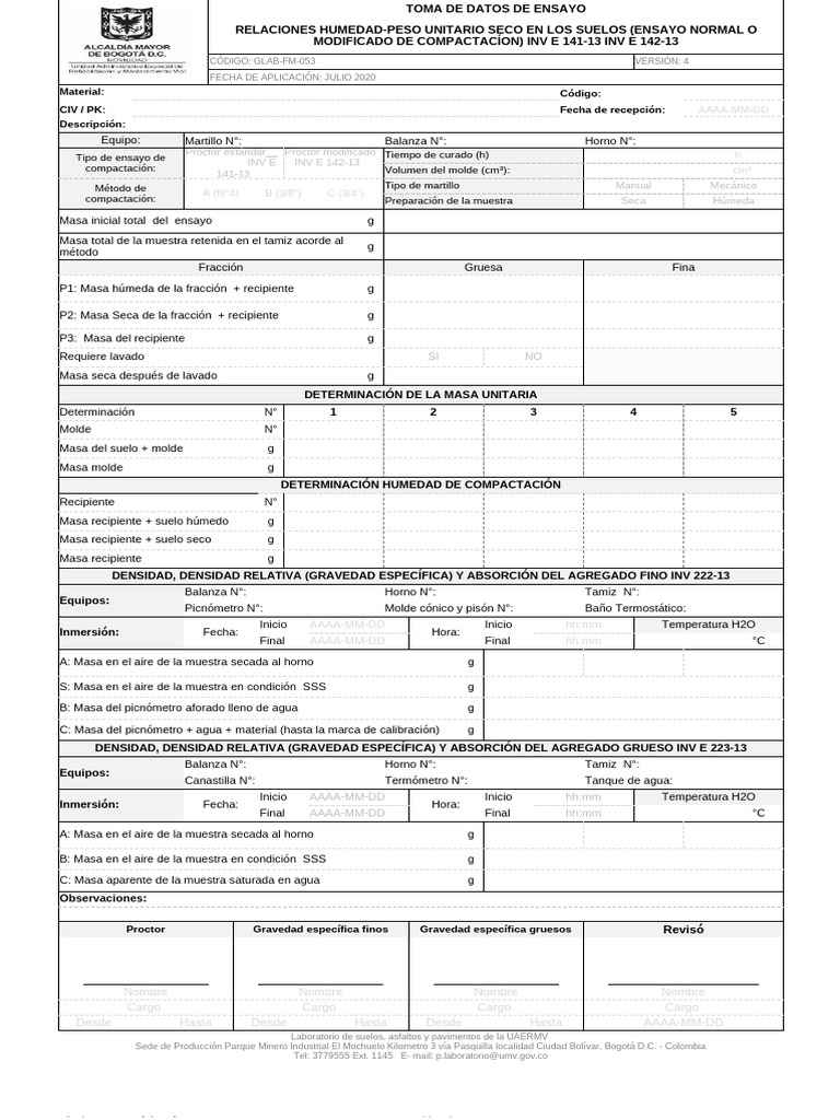 GLAB-FM-053 - V4 Formato TD Proctor | PDF | Masa | Densidad