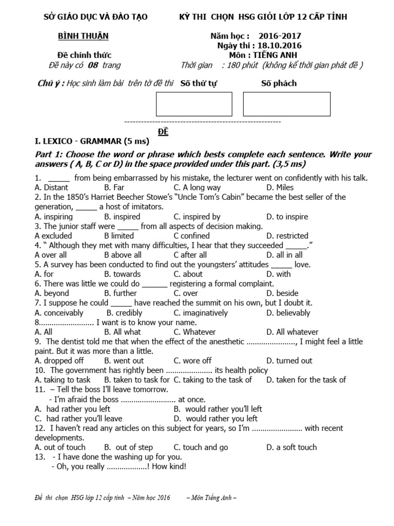 Tieng Anh HSG 2016 Vong 1 1 | PDF