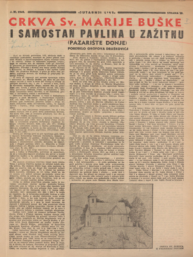 Lulić, Šime - Crkva Sv. Marije Buške I Samostan Pavlina U Zažitnu, Jutarnji List 3.11.1940 | PDF