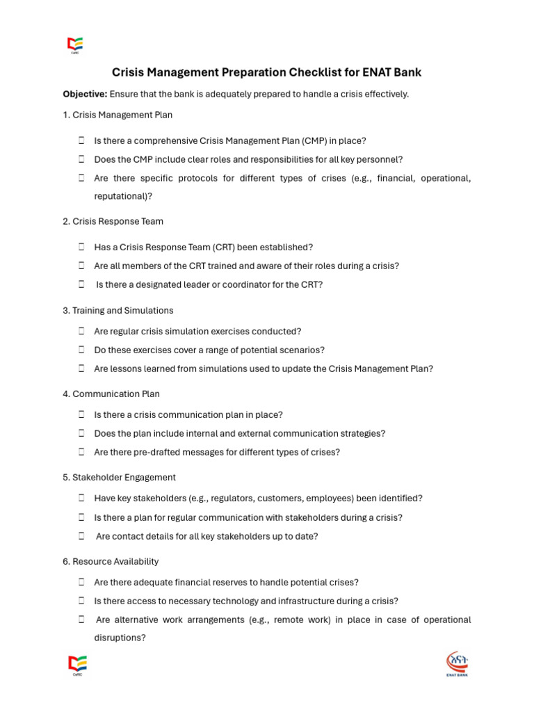 3. Crisis Management Preparation Checklist for ENAT Bank | PDF | Crisis ...