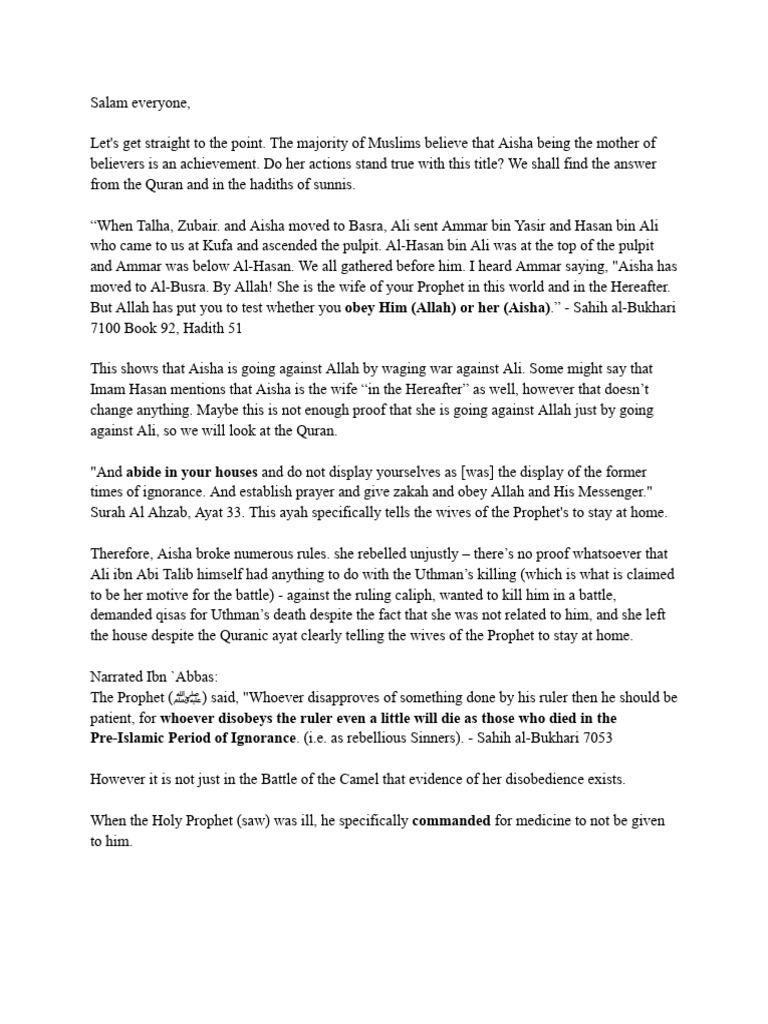 Aisha's Disobedience | PDF | Muhammad | Hadith