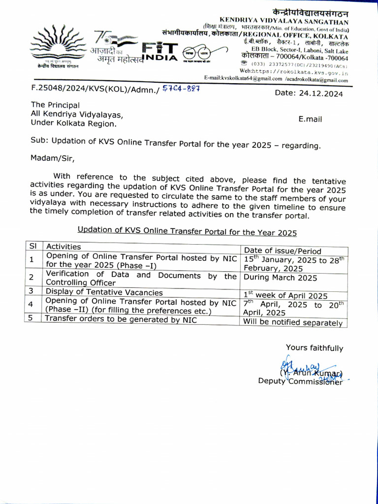 Updation of KVS Online Transfer Portal For The Year 2025 | PDF ...