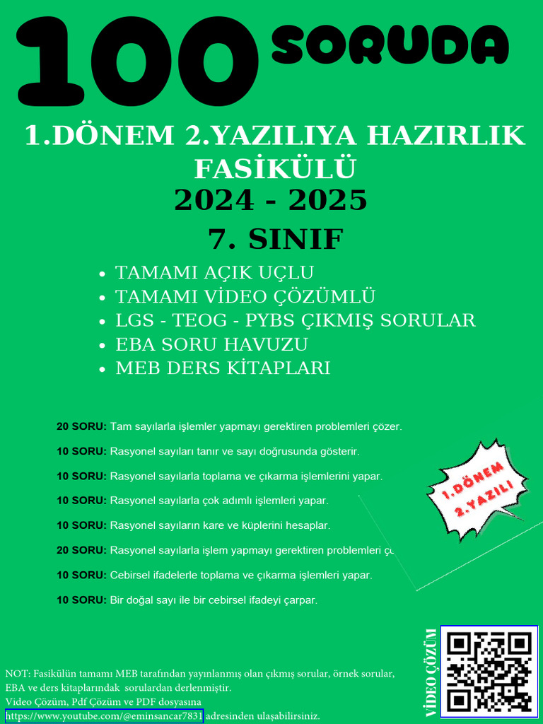 100 Soruda 7 Sınıf 1 Dönem 2 Yazılı Hazırlık Fasikülü 2025 1 | PDF