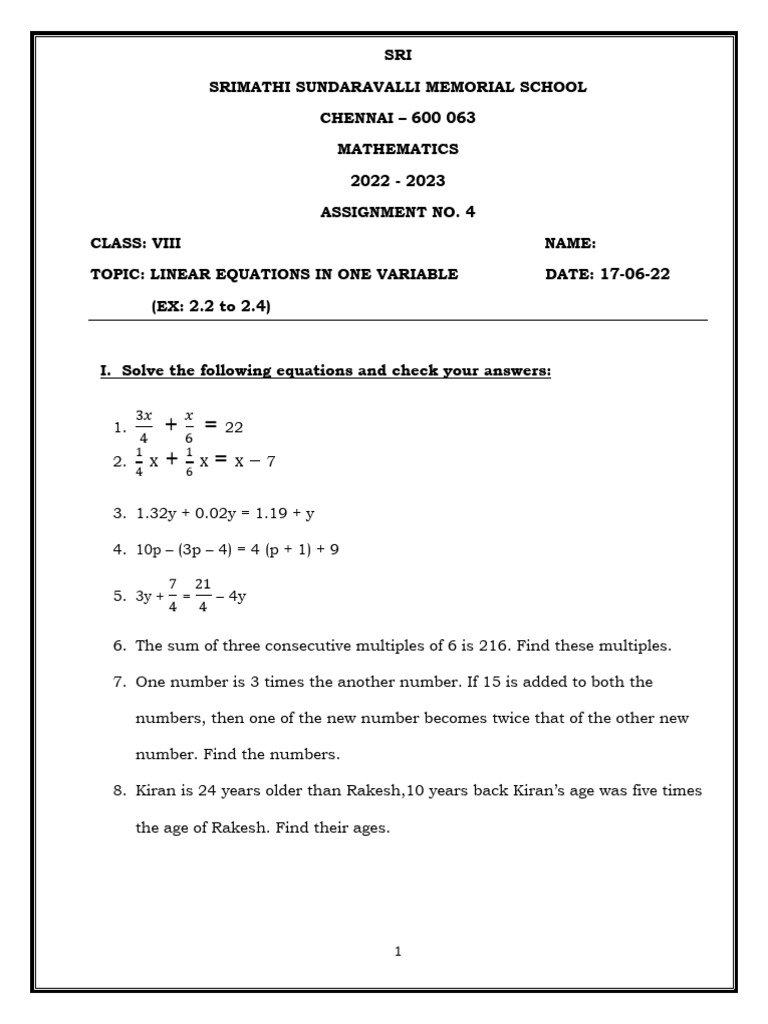Class VIII Linear Equations Assignment | PDF