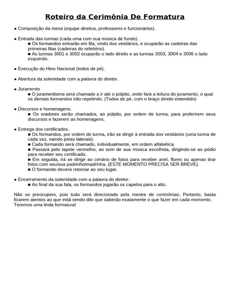 Roteiro Da Formatura | PDF