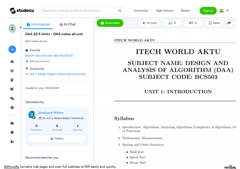 WWW Studocu Com in Document DR Apj Abdul Kalam Technical University Btech Cse 3rd Year Daa Daa ...