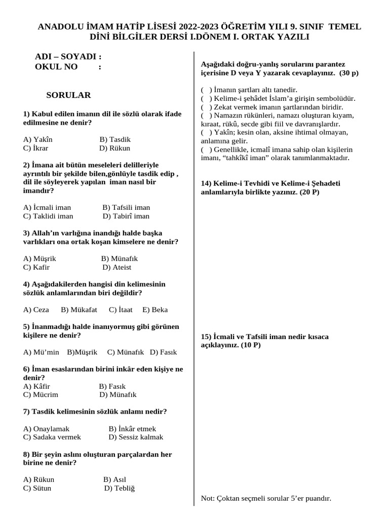 Temel Dini Bilgiler 1.donem 1. Yazili | PDF